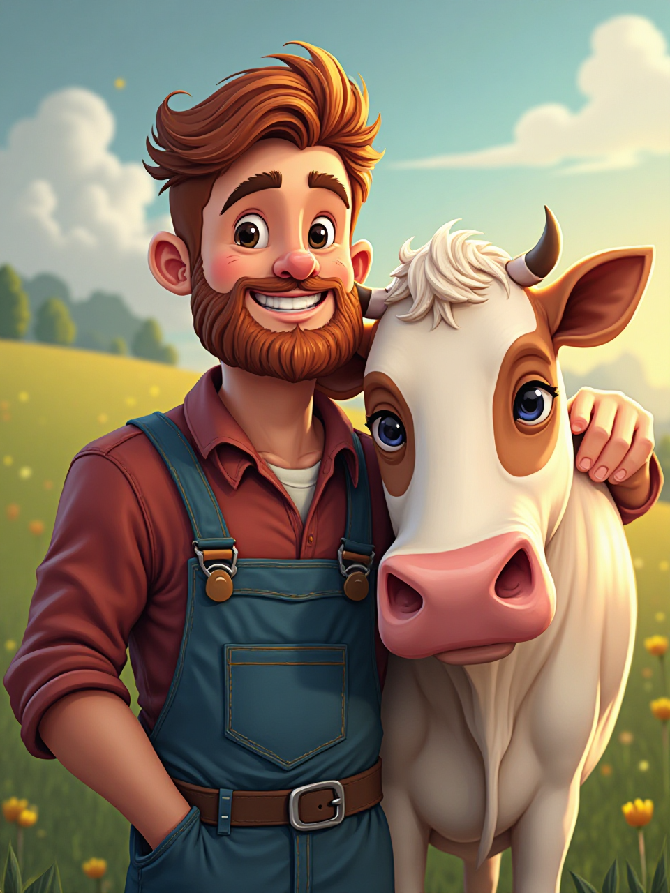 Farmer with Cow Burenka 2D Vector