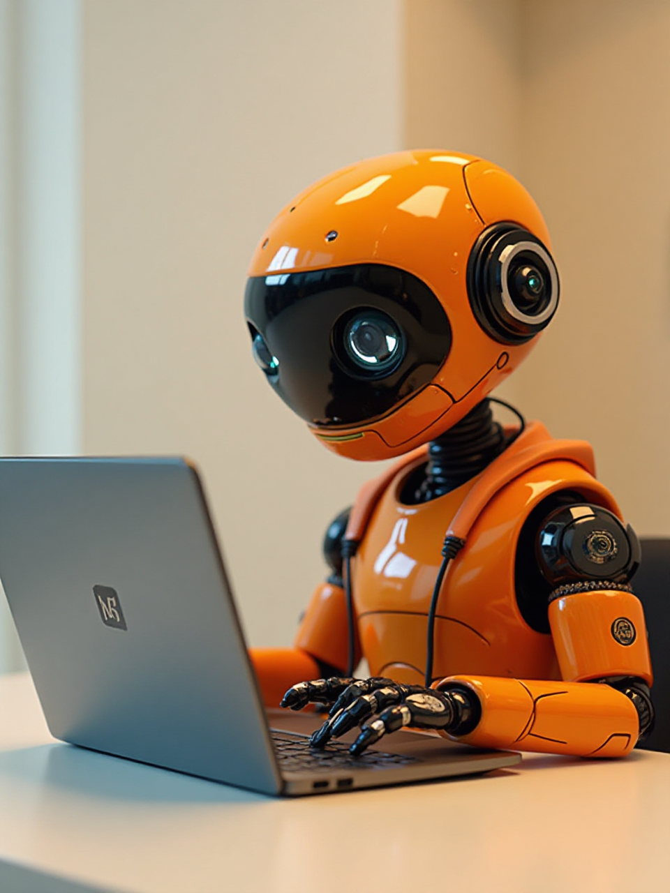 Lucu oranye hitam AI robot mengetik