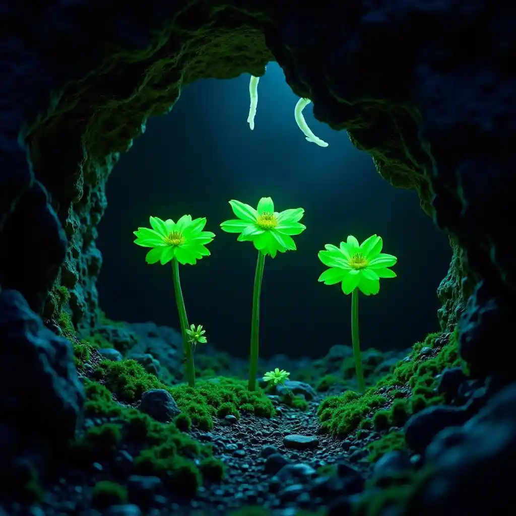 Green Flowers and Fluorescent Worms in Cave