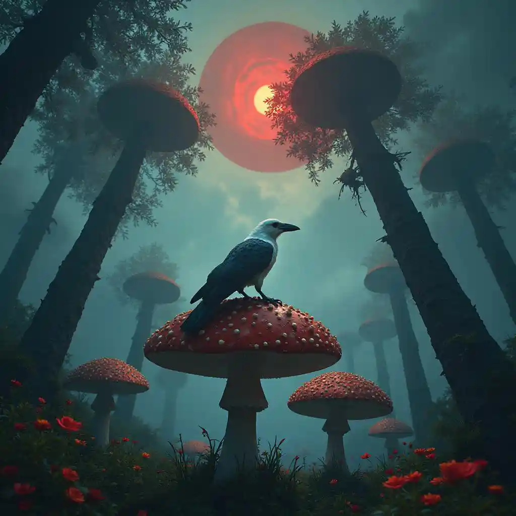 White Crow on Mushroom: Dark Fantasy Horror Art