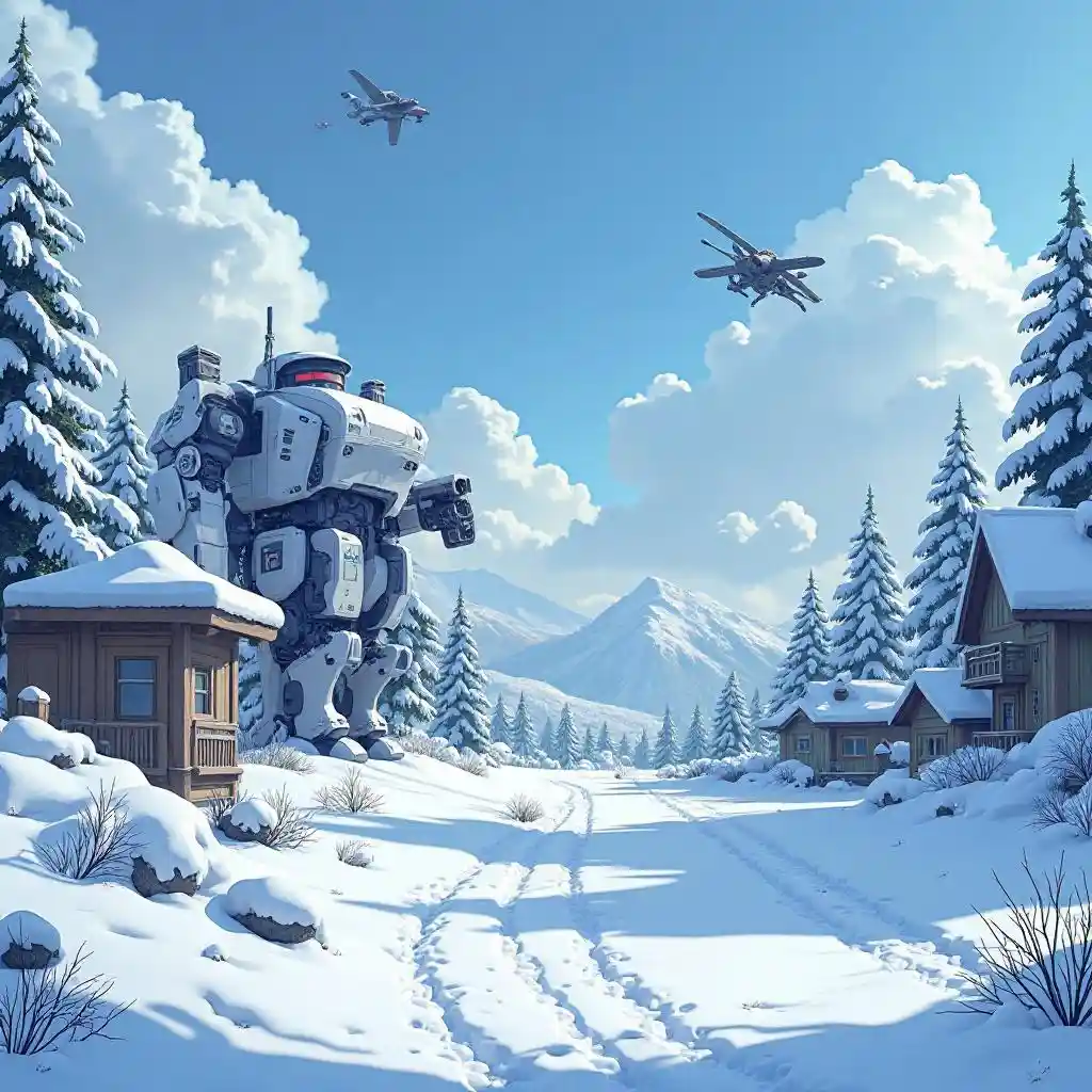 Snow Village Mech Battles in Mecha Anime Style